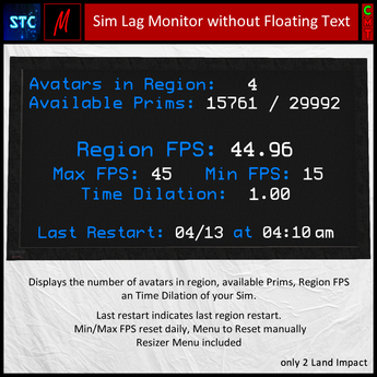 Second Life Marketplace - STC-Michelle's - Sim Lag Monitor (without ...