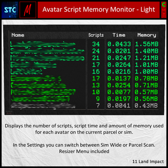 Second Life Marketplace - STC-Michelle's - Avatar Script Memory Monitor