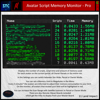 Second Life Marketplace - Avatar Script Memory Monitor Pro Version with ...