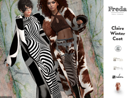 Second Life Marketplace - "Freda" Claire Wintercoat Black White Cow Fur ...