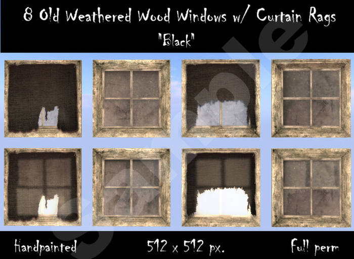Second Life Marketplace - 8 Old Wood Windows w/ Black Curtain Rags ...