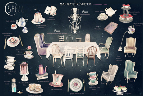 Second Life Marketplace - SPELL : Mad hatter party TABLE & CHAIRS - RARE