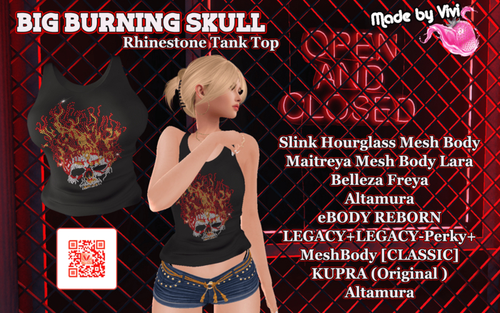 Second Life Marketplace - Tank top Rhinestone big burning skull -Vivi