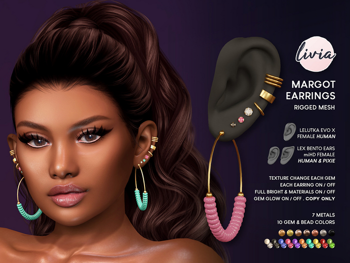 Second Life Marketplace - LIVIA Margot Earrings (Lel Evo X & LEX miHD)