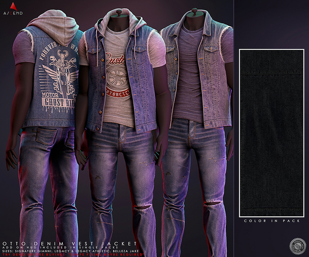 Second Life Marketplace - //Ascend// Otto Denim Vest Jacket - BLACK