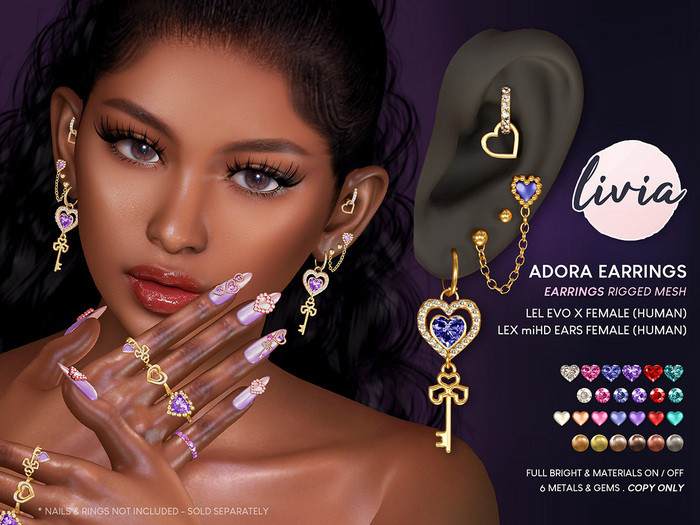 Second Life Marketplace - LIVIA Adora Earrings (Lel EvoX & LEX miHD)