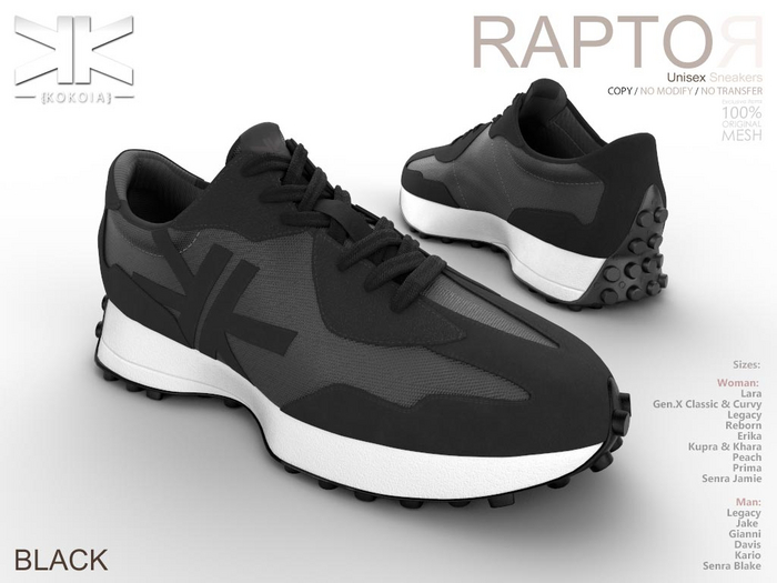 Second Life Marketplace - Raptor :: Unisex Sneakers :: Black :: {kokoia}