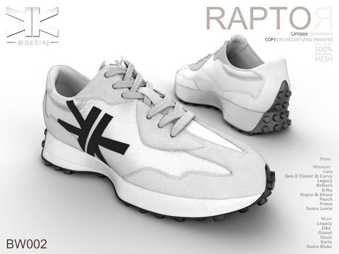 Second Life Marketplace - Raptor :: Unisex Sneakers :: BW002 :: {kokoia}