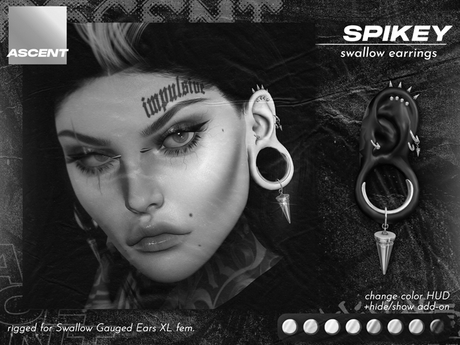 Second Life Marketplace - ASCENT - DEMO Spikey Gauge Earrings (XL Female)