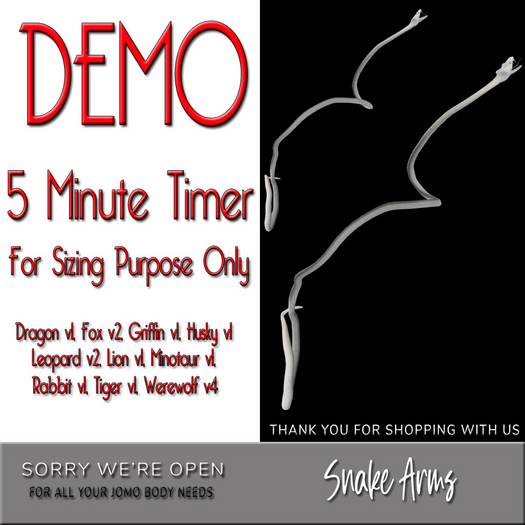 Second Life Marketplace - DEMO SWO Snake Arms for Jomo Avatar Females
