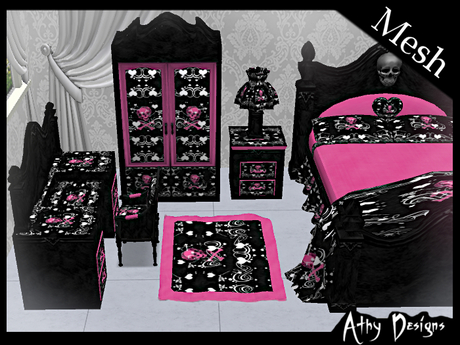 Second Life Marketplace - Pink Skull Kids Bedroom Furniture Bed Set