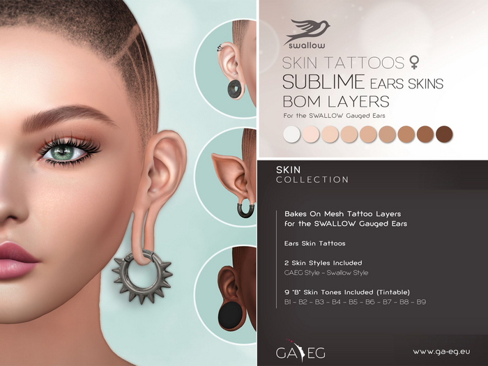 Second Life Marketplace - [GA.EG] Sublime Ears Skins DEMO - Swallow ...