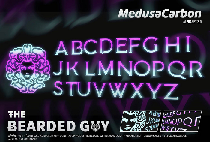 Second Life Marketplace - Neon Medusa Carbon Alphabet 2 - The Bearded Guy