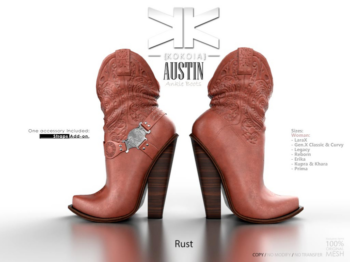 Second Life Marketplace - Austin :: Ankle Boots :: Rust :: {kokoia}