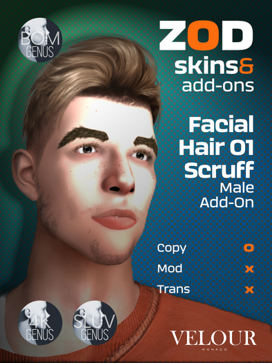Second Life Marketplace - ZOD GENUS BoM 4K+SLUV Facial Hair 01 - Scruff