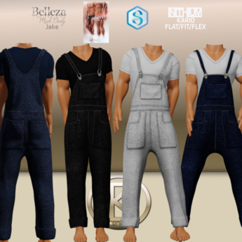 Second Life Marketplace - IKWE Men's Overalls with V-Neck Tee Stone Wash