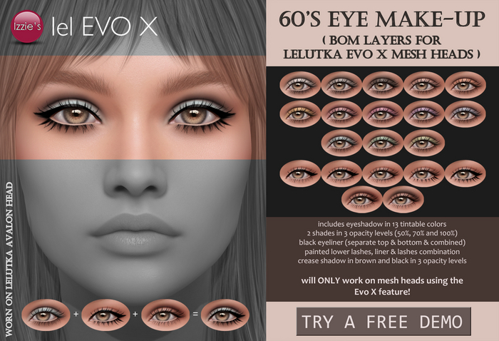 Second Life Marketplace - Izzie's - DEMO 60's Eye Make-Up (Evo X BOM)