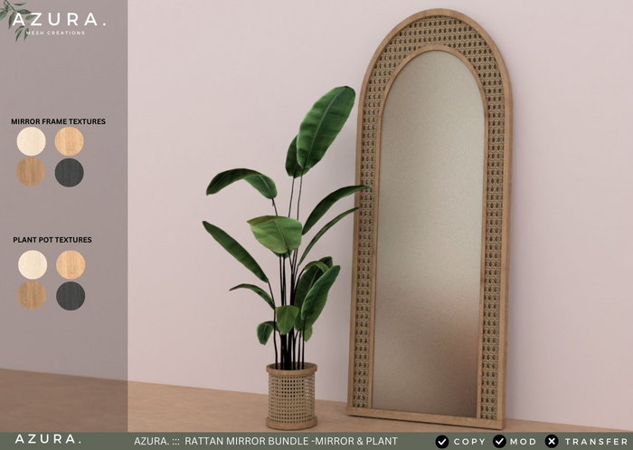 Second Life Marketplace - AZURA ::: RATTAN MIRROR BUNDLE -MIRROR & PLANT
