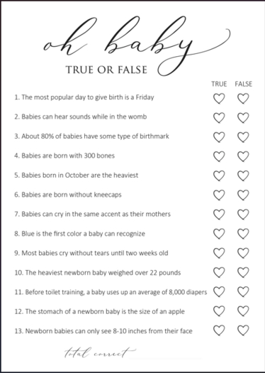 Second Life Marketplace - Baby Shower Games - Oh Baby True or False