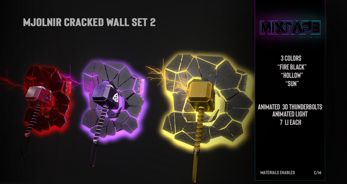 Second Life Marketplace - MIXTAPE Decor - mjolnir cracked wall set 2