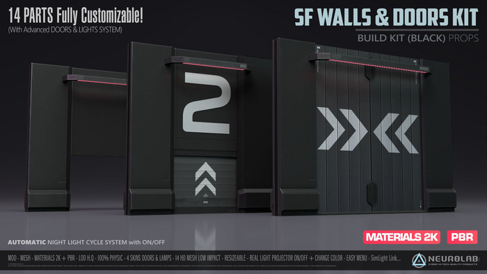 Second Life Marketplace - SF WALLS & DOORS KIT (BLACK) +PBR [NeurolaB Inc.]