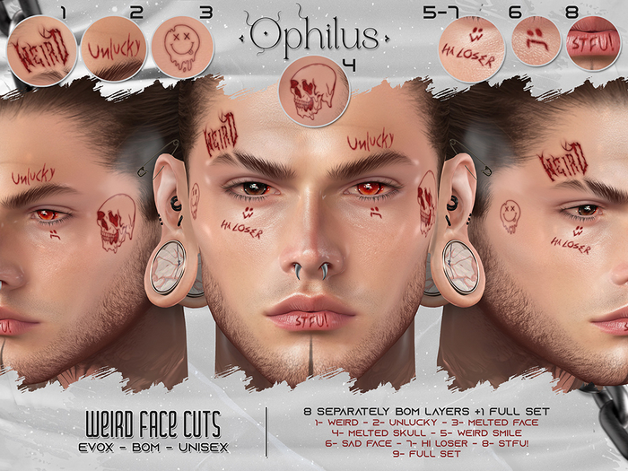 Second Life Marketplace - - Ophilus - Weird Face Cuts (EvoX - Bom)