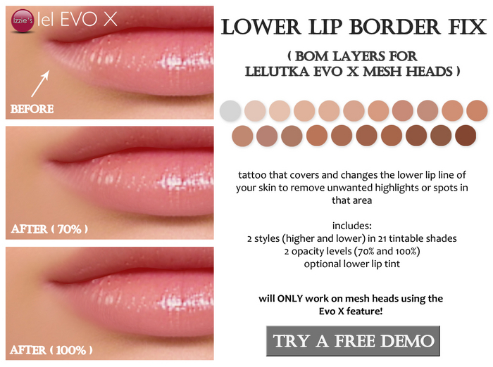 Second Life Marketplace - Izzie's - DEMO Lower Lip Border Fix (Evo X BOM)
