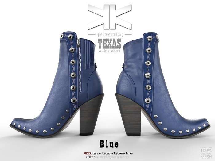 Second Life Marketplace - Texas :: Ankle Boots :: Blue :: {kokoia}