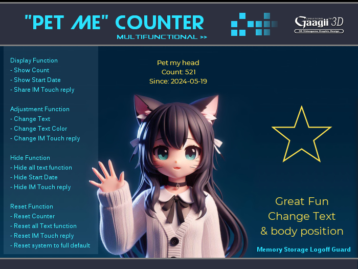 Second Life Marketplace - Gaagii 3D - "PET ME" COUNTER ( Head Pat Counter )