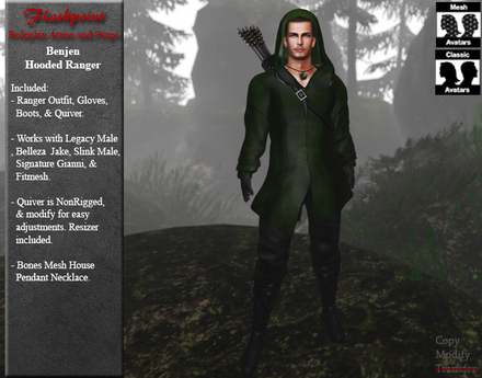 Second Life Marketplace - Benjen Hooded Ranger Outfit - Flowers (Green)