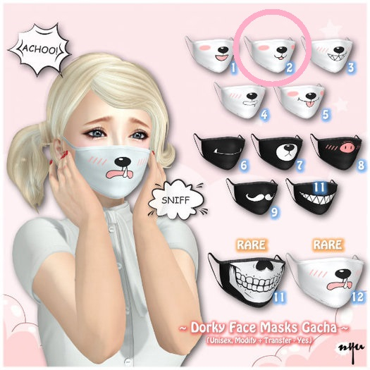 Second Life Marketplace - NYU - Dorky Face Masks Gacha, Teddy!! (White)