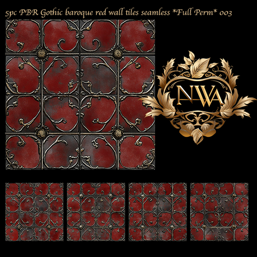 Second Life Marketplace - 5pc PBR Gothic baroque red gold wall tiles ...