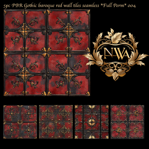 Second Life Marketplace - 5pc PBR Gothic baroque red gold wall tiles ...