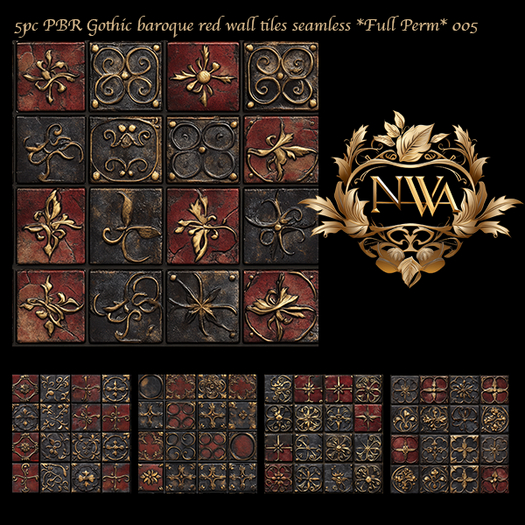 Second Life Marketplace - 5pc PBR Gothic baroque red gold wall tiles ...