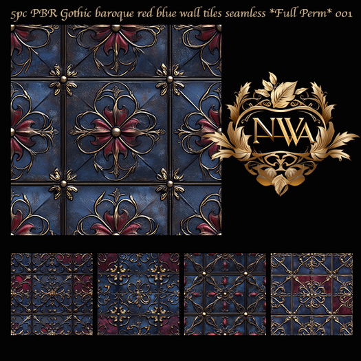 Second Life Marketplace - 5pc PBR Gothic baroque red blue wall tiles ...
