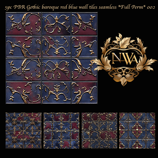 Second Life Marketplace - 5pc PBR Gothic baroque red blue wall tiles ...