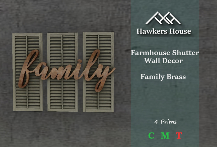 Second Life Marketplace - *HH* Farmhouse Shutter Wall Decor Family Brass