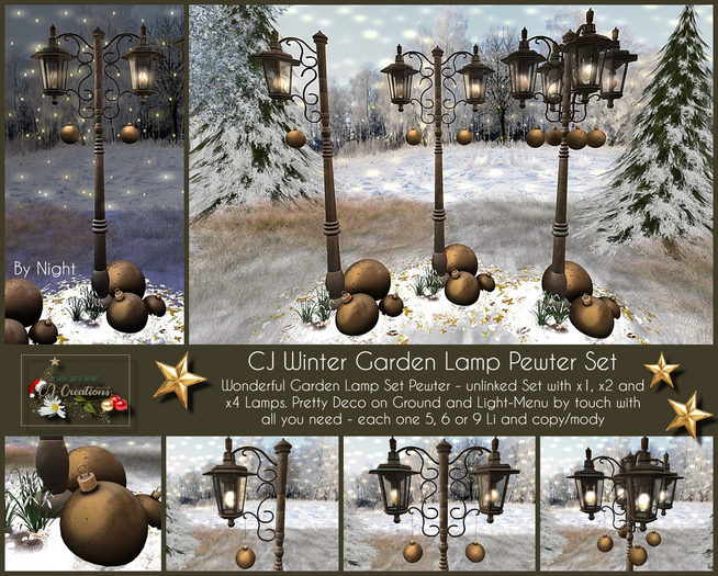 Second Life Marketplace - CJ Winter Garden Lamp Pewter Set