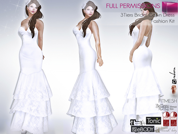 Second Life Marketplace - Full Perm Female 3 Tiers Wedding Dress ...