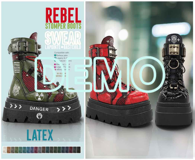 Second Life Marketplace - Combat Boots - Rebel Stomper - LATEX FATPACK DEMO