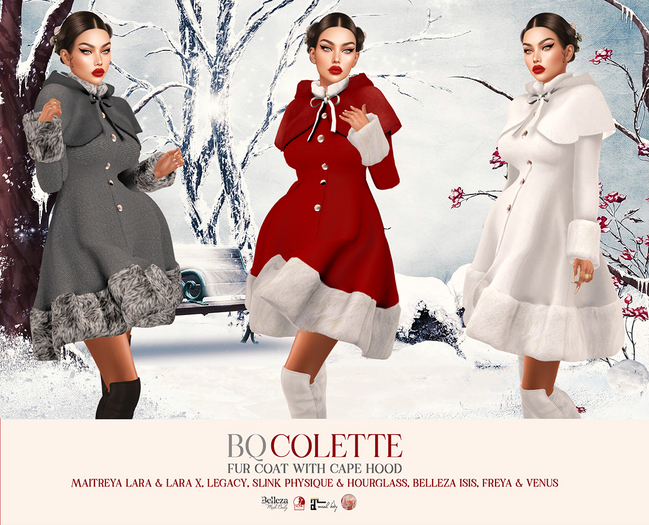 Second Life Marketplace - BQ::Colette Fur Coat w/Cape Hood:: Black