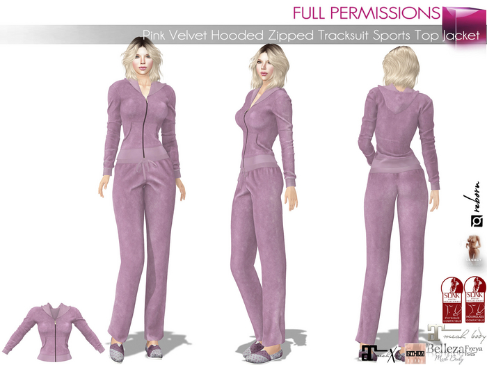 Second Life Marketplace - FullPerm Pink Velvet Hooded Zipped Tracksuit ...