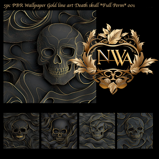Second Life Marketplace - 5pc PBR Wallpaper Gold line art Death skull ...