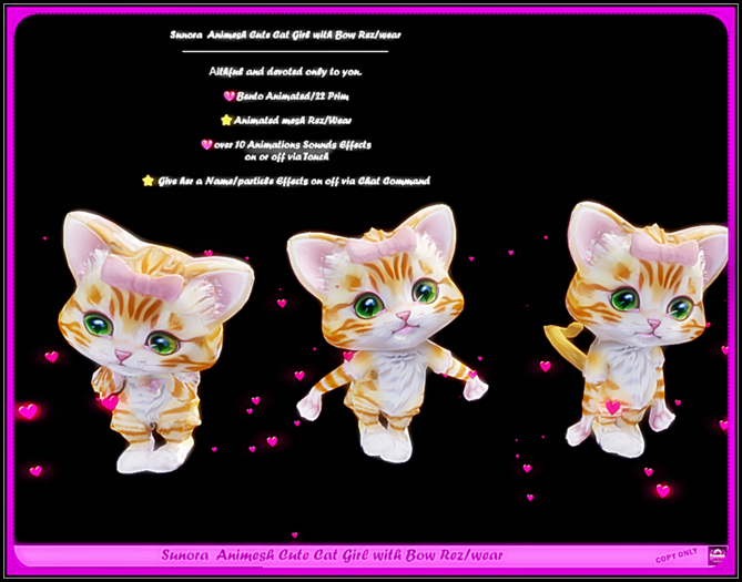 Second Life Marketplace - Sunora Animesh Cute Cat Girl with Bow Rez/wear