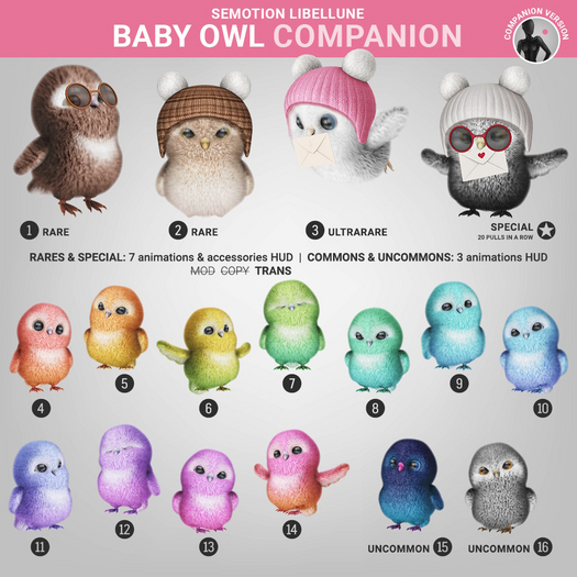 Second Life Marketplace - SEmotion Libellune Baby Owl Companion COMMON 11