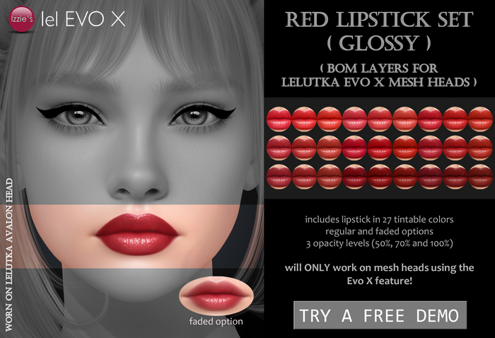 Second Life Marketplace - Izzie's - DEMO Red Lipstick Set glossy (Evo X ...