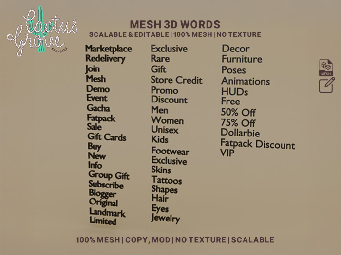 Second Life Marketplace - CGB :: Mesh 3D Words – Scalable & Editable ...