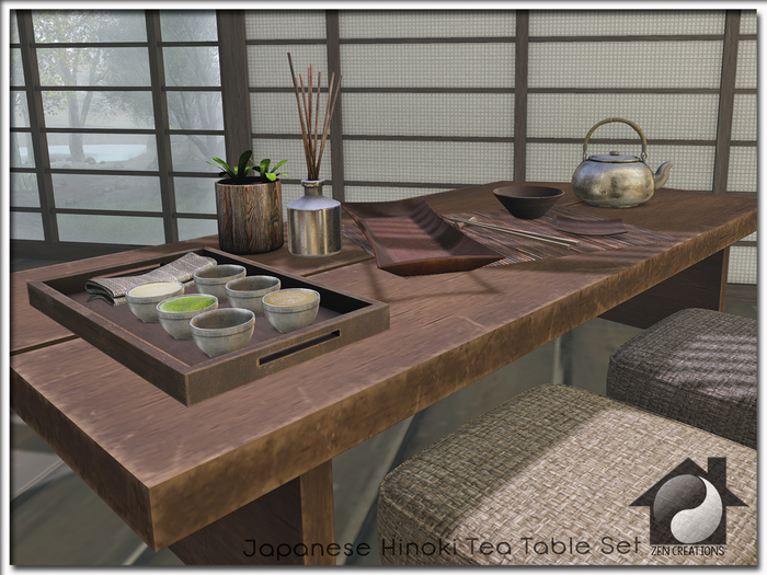Second Life Marketplace - Japanese Hinoki Tea Table Set - Texture Change