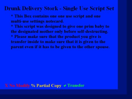 Second Life Marketplace - Drunk Delivery Stork - Single Use Script Set