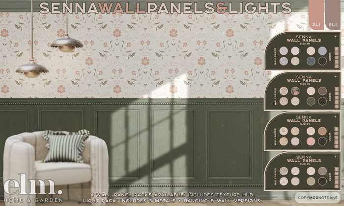 Second Life Marketplace - Elm. Senna Wall Panels & Lights [FATPACK]